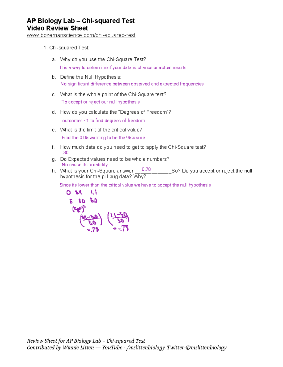 AP Bio Lab Chi-Squared Test Worksheet-WL - Review Sheet for AP Biology ...