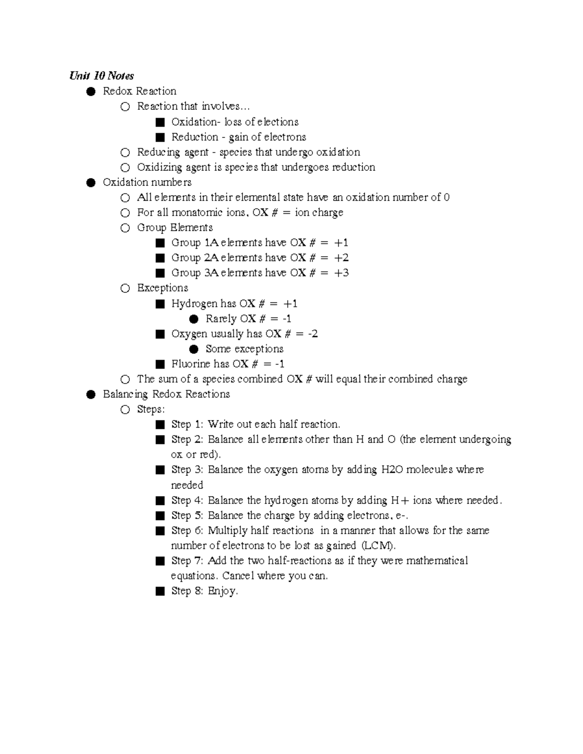 Unit 10 Notes - Unit 10 Notes Redox Reaction Reaction that involves ...