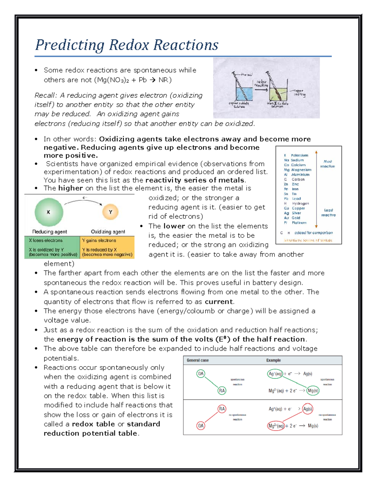 3 Predicting Redox Reactions - Predicting Redox Reactions Some redox ...