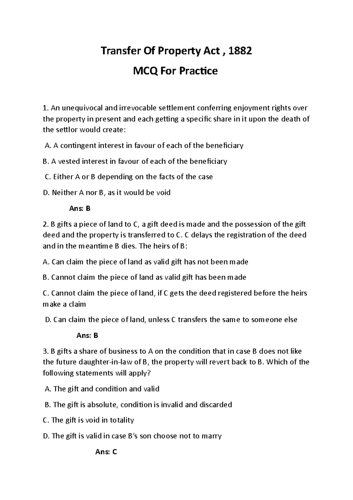 Transfer Of Property Act Practice Mcq - Transfer Of Property Act , 1882 MCQ For Practice 1. An ...