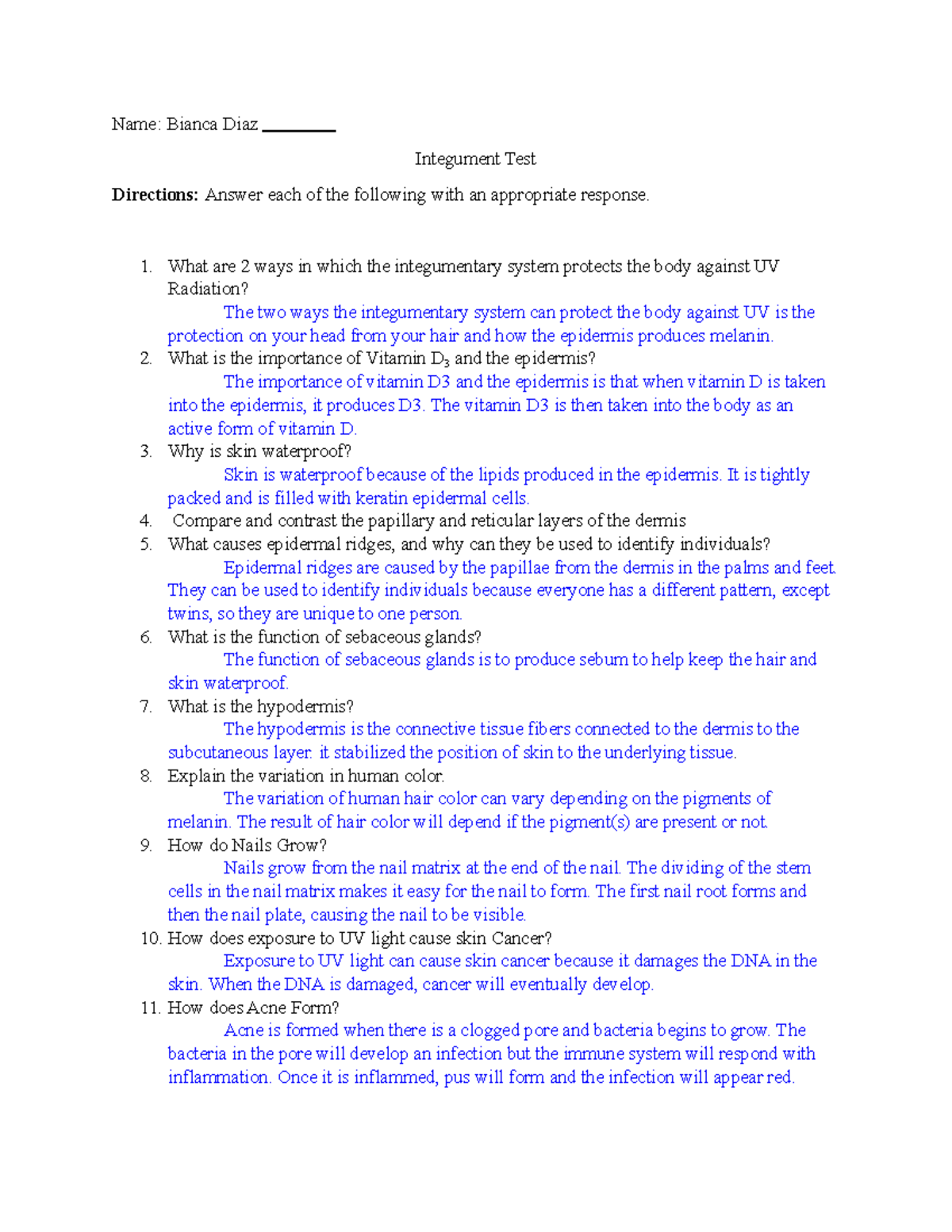 Integumentary System Test - Name: Bianca Diaz Integument Test ...
