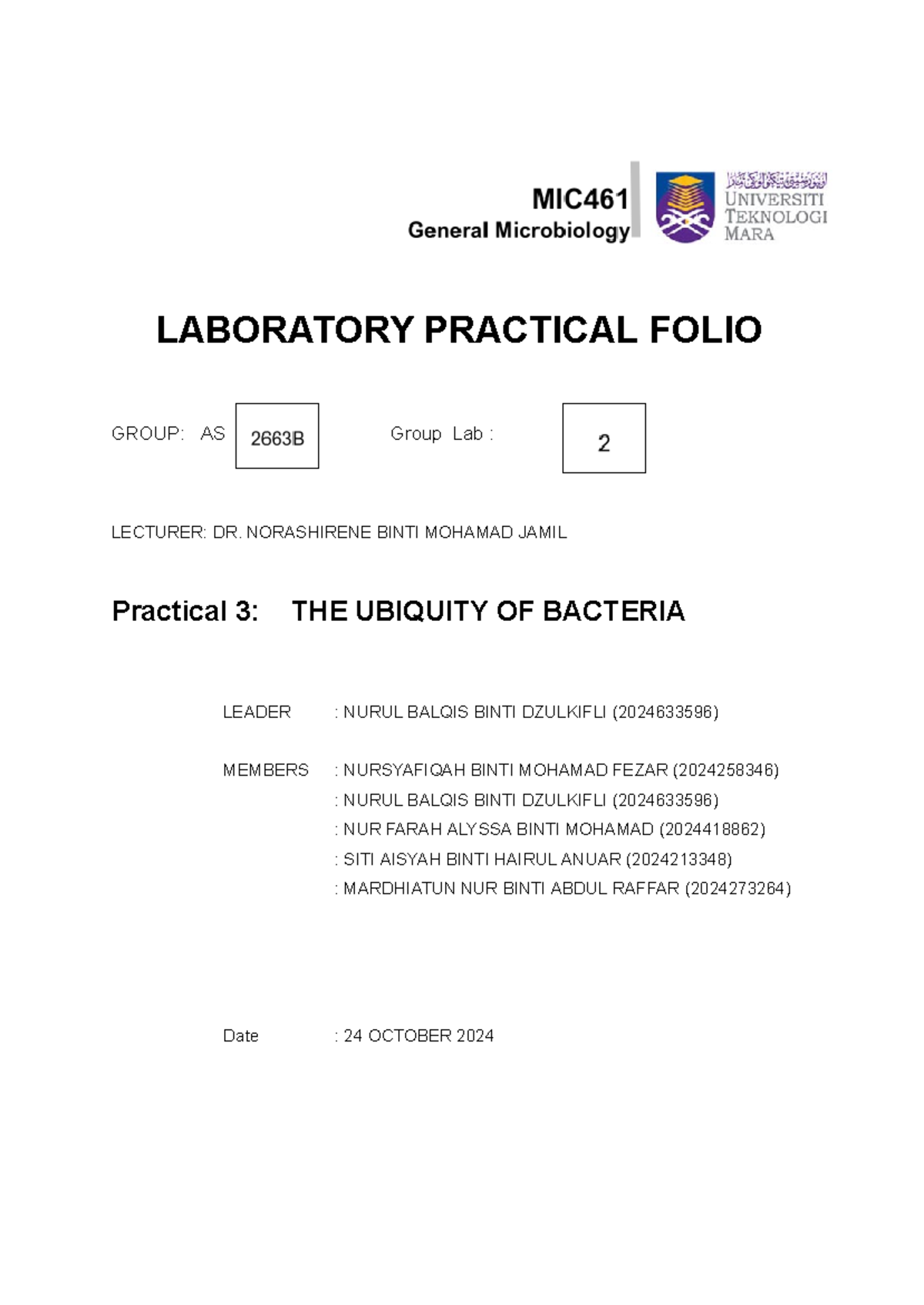MIC461 Practical 3 AS2663B Group 2 - LABORATORY PRACTICAL FOLIO GROUP ...
