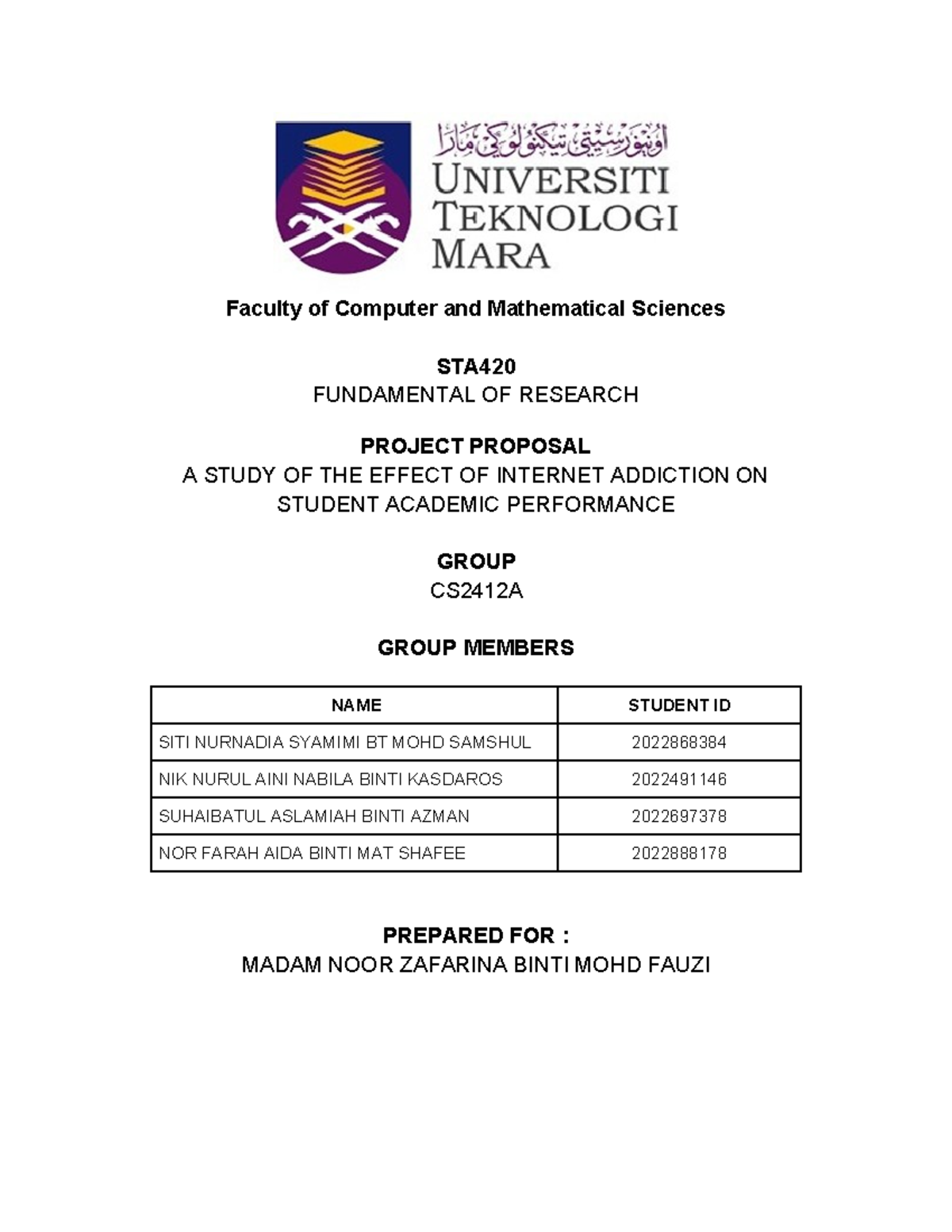 Assign STA420 - GROUP PROJECT - Faculty of Computer and Mathematical Sciences STA FUNDAMENTAL OF ...