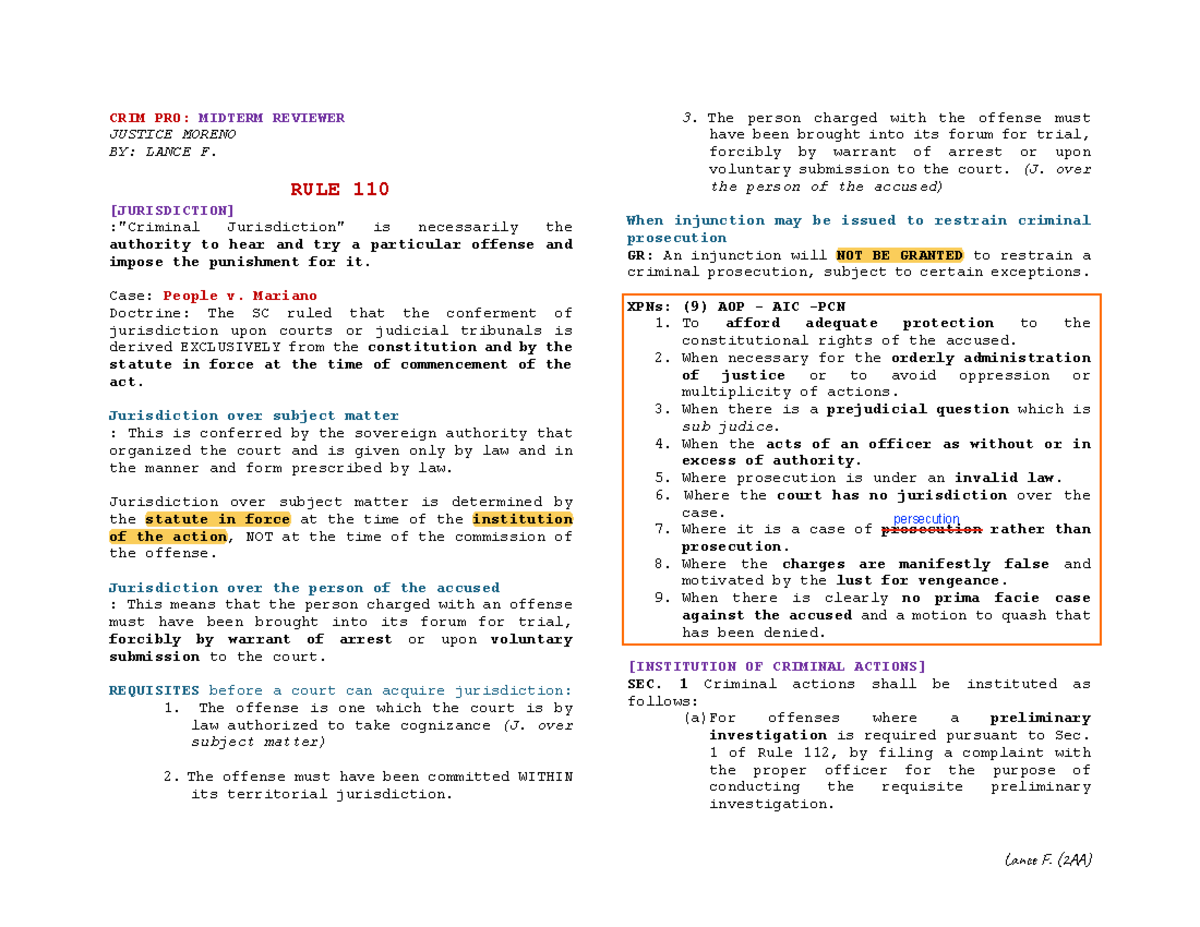CRIM PRO - Midterm Reviewer (J Moreno) - CRIM PRO: MIDTERM REVIEWER ...
