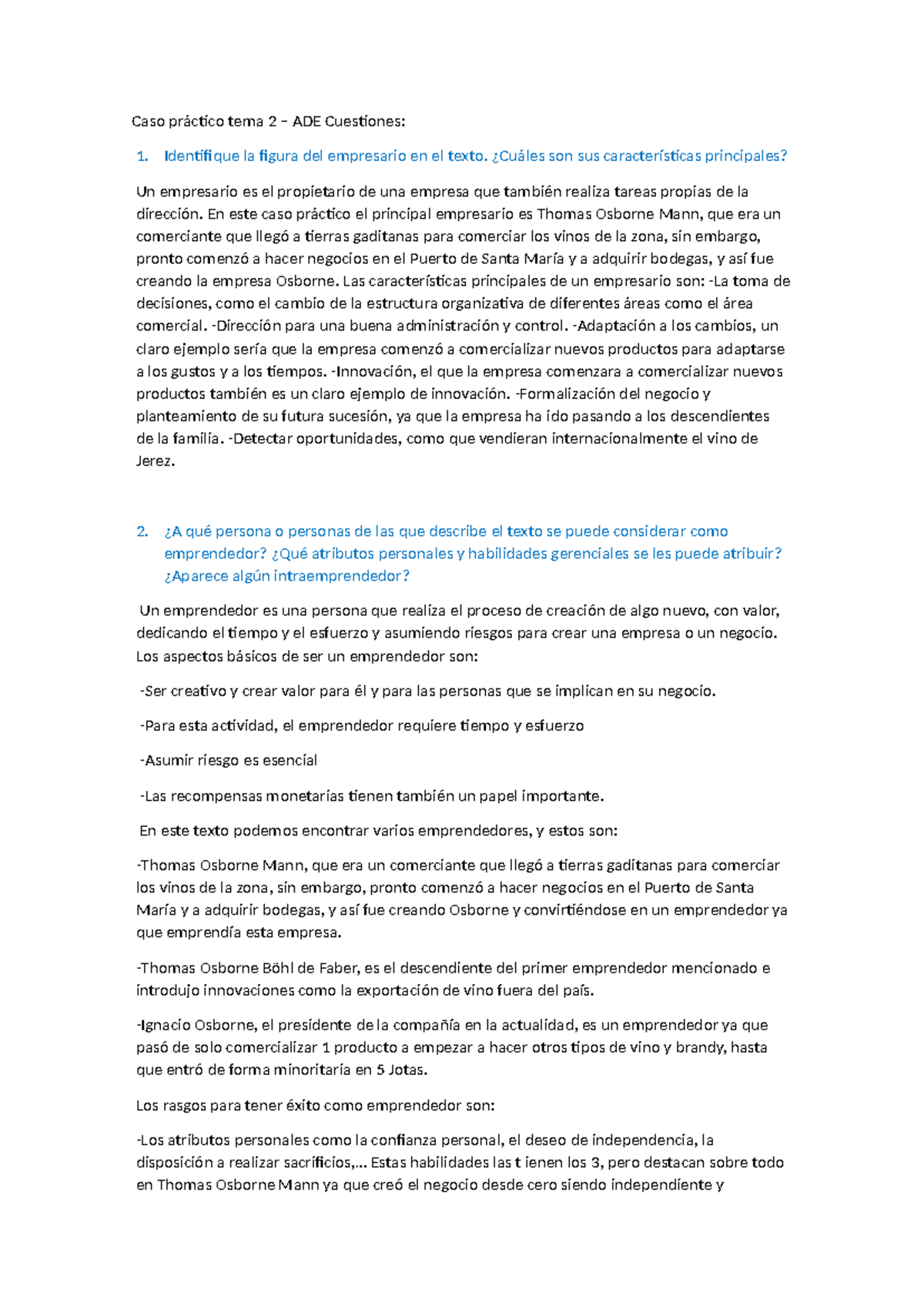 Caso Osborne Tema 2 ADE - Caso práctico tema 2 – ADE Cuestiones: 1 ...