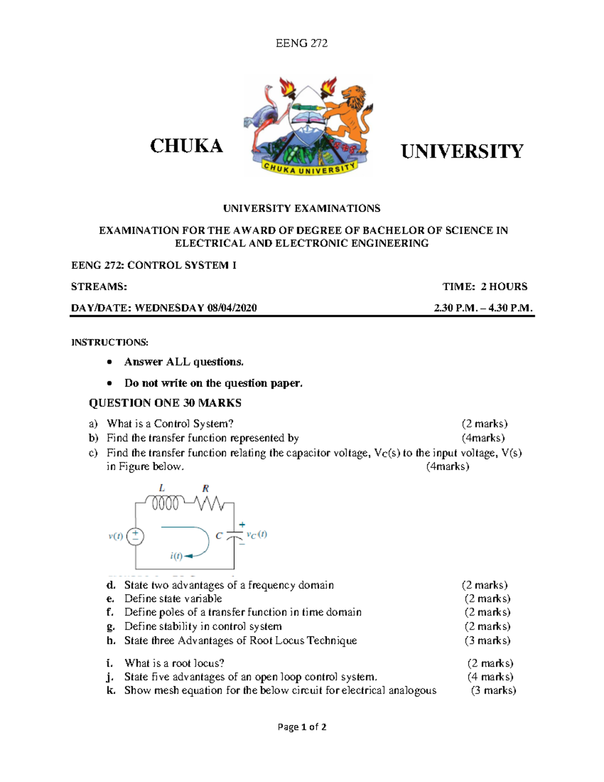 Eeeng 272-Control system 1 exam - EENG 272 Page 1 of 2 CHUKA UNIVERSITY ...