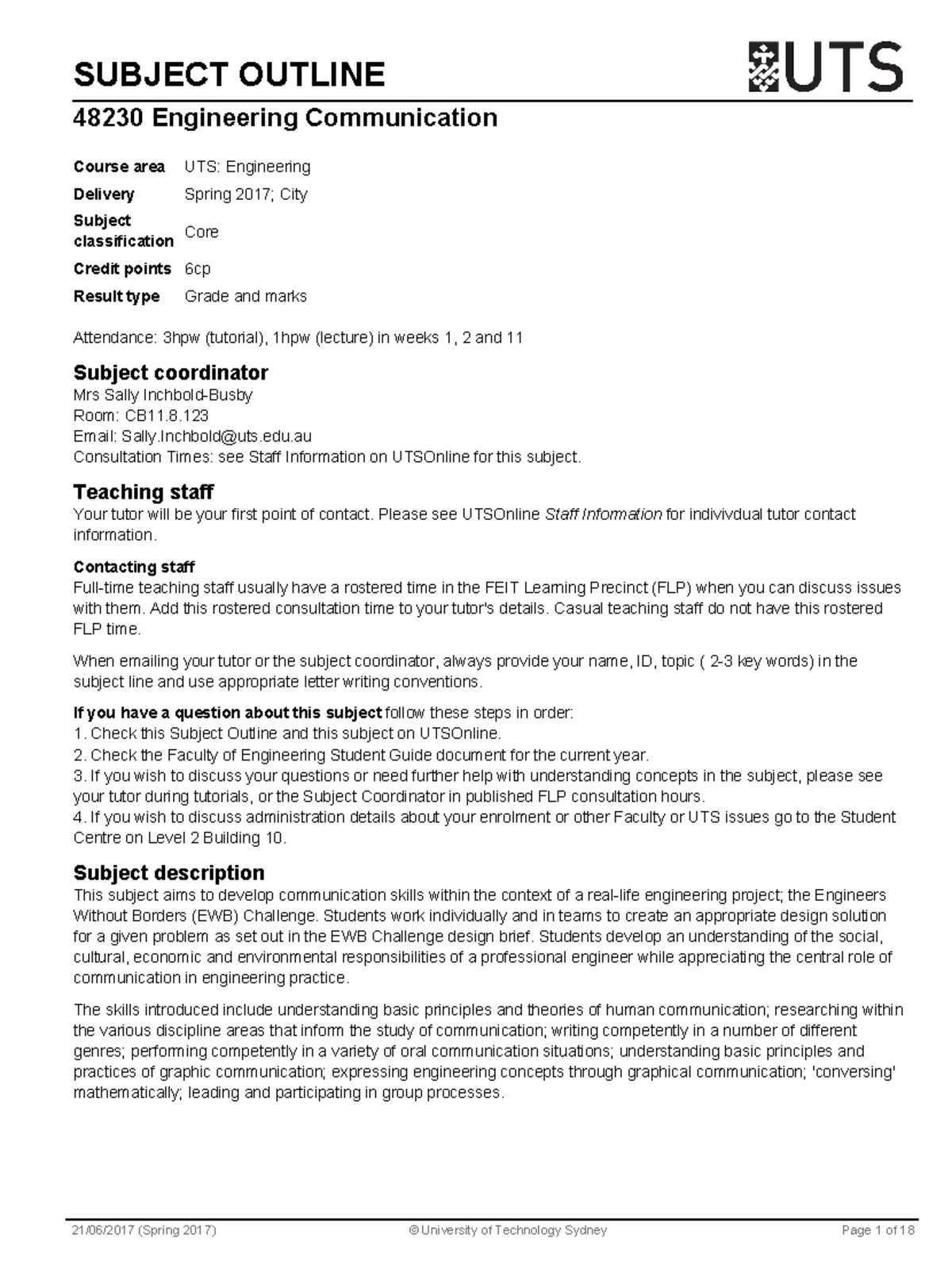 48230 UTS Spring 2017 Subject Outline - SUBJECT OUTLINE 48230 ...