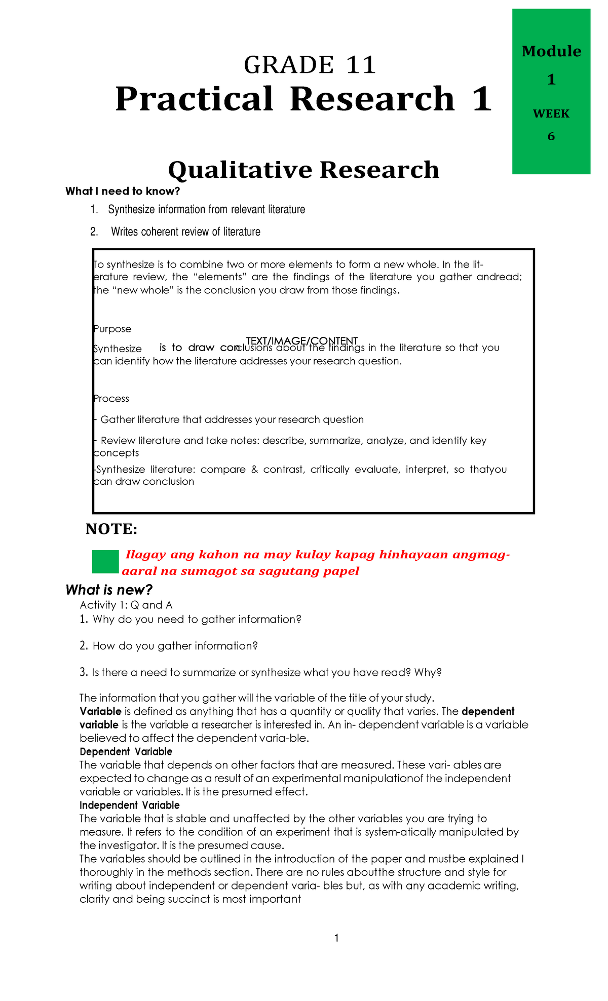 Pdf 6SHS Module Practical Research 1 - To synthesize is to combine two or more elements to form ...