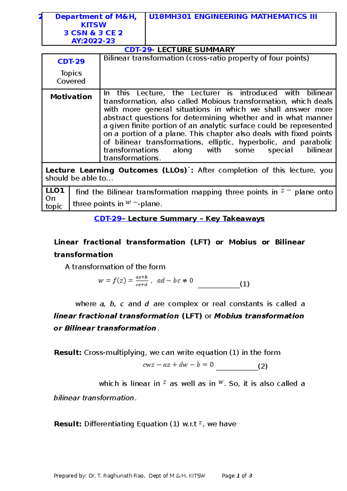 Cdt29 Bilinear Transormation 2 Department Of Mandh Kitsw 3 Csn And 3 Ce