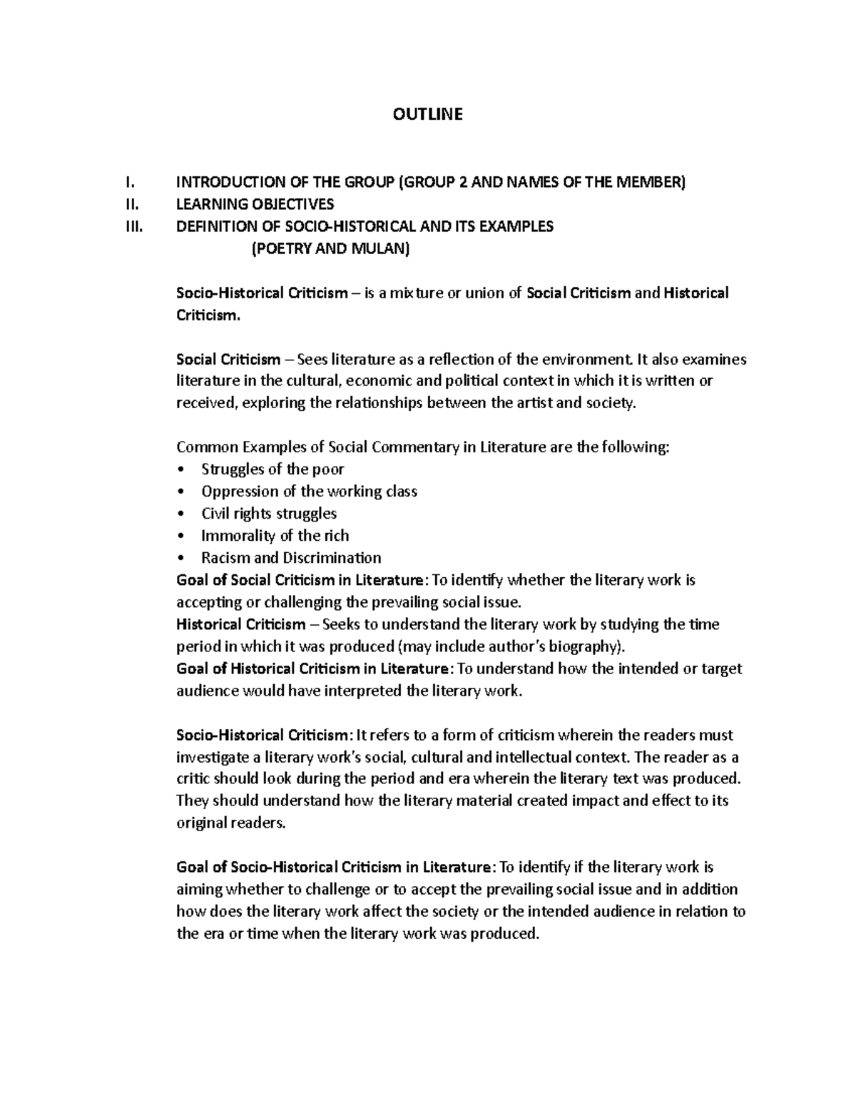 LIT Outline - Literature 11 - OUTLINE I. INTRODUCTION OF THE GROUP ...