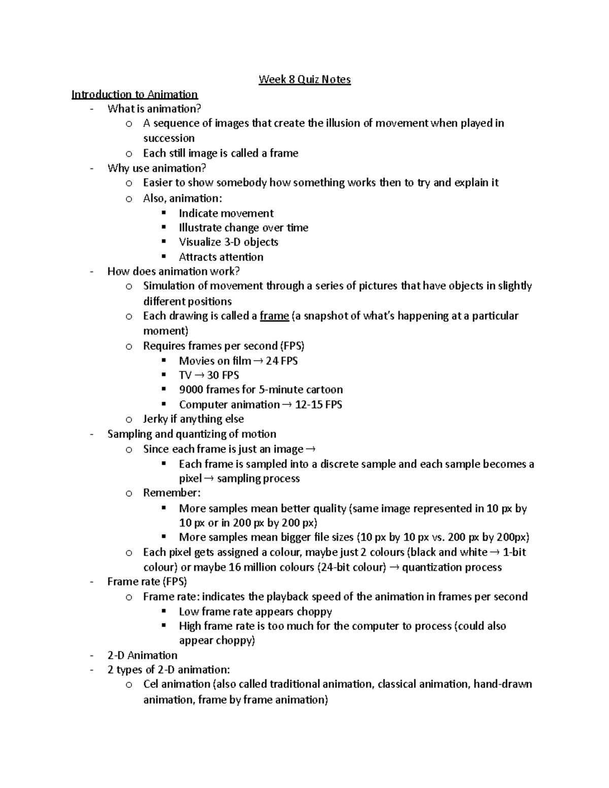 Introduction to Animation, Types of Animation - Week 8 Quiz Notes ...