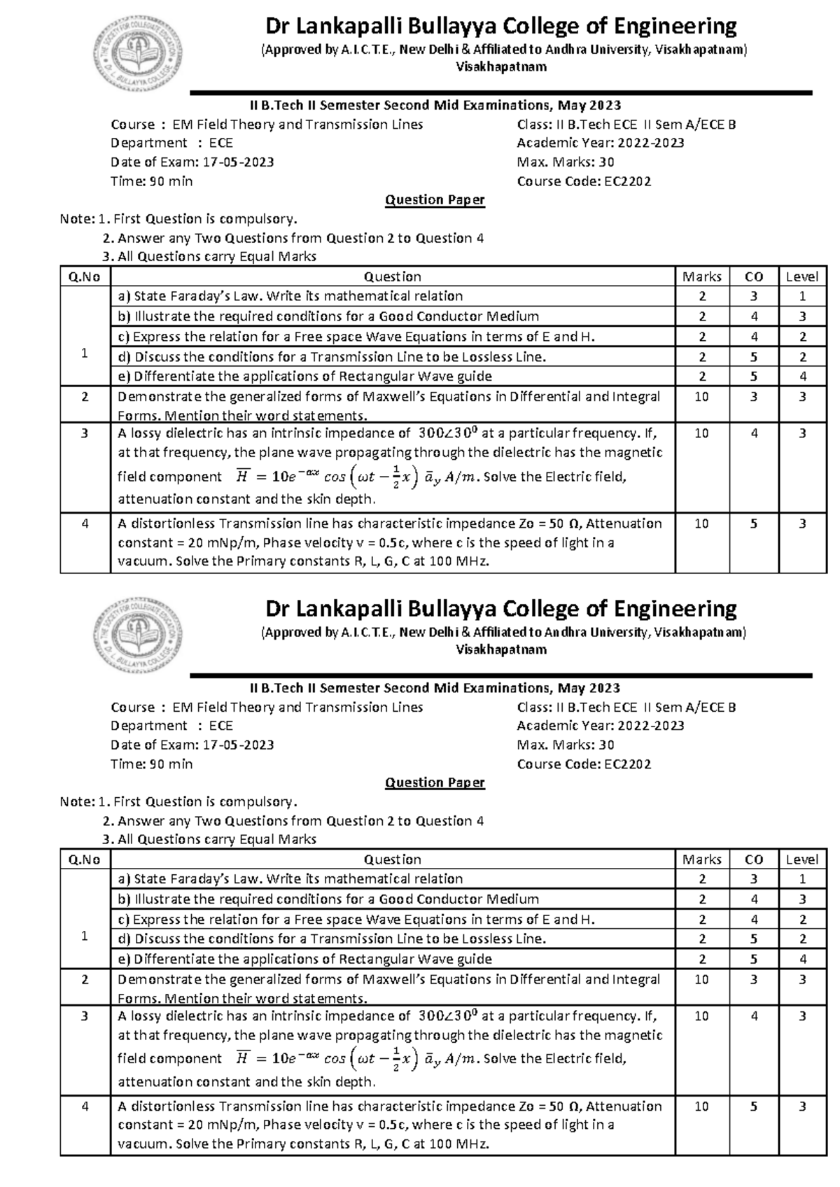 EMTL Second Mid Question Paper 2022-2023 LBCE Final - Dr Lankapalli Bullayya College of ...