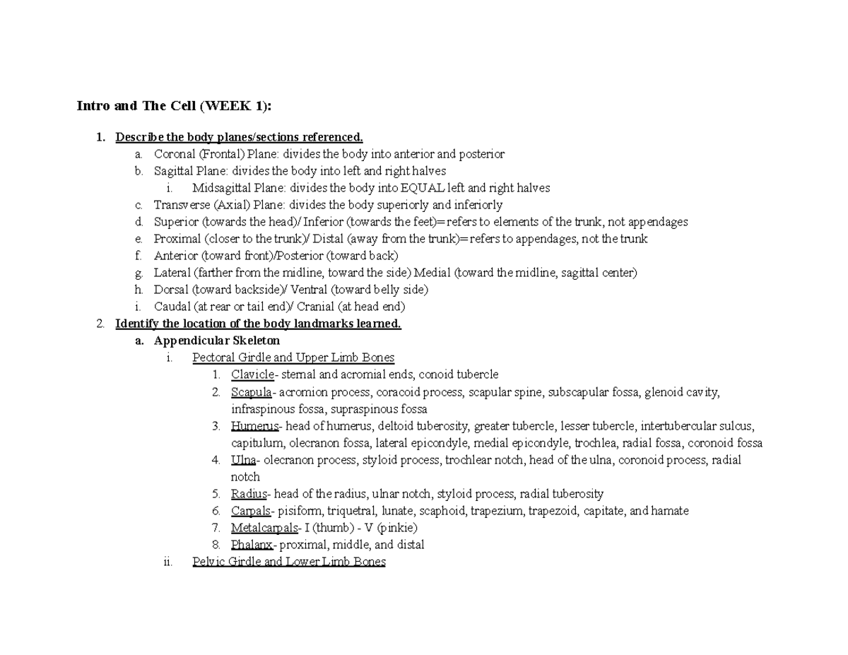 Anatomy Midterm 1 Study Guide - Intro and The Cell (WEEK 1): 1 ...