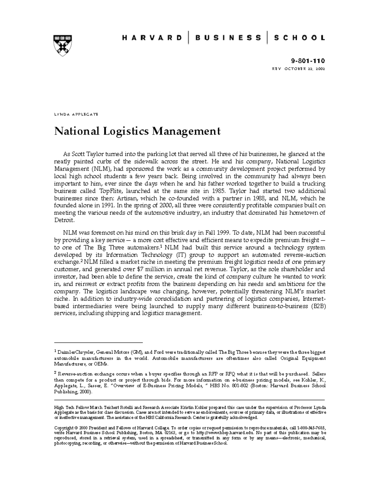 National Logistics Management case Exam - 9-801- R E V: O C T O B E R 2 ...
