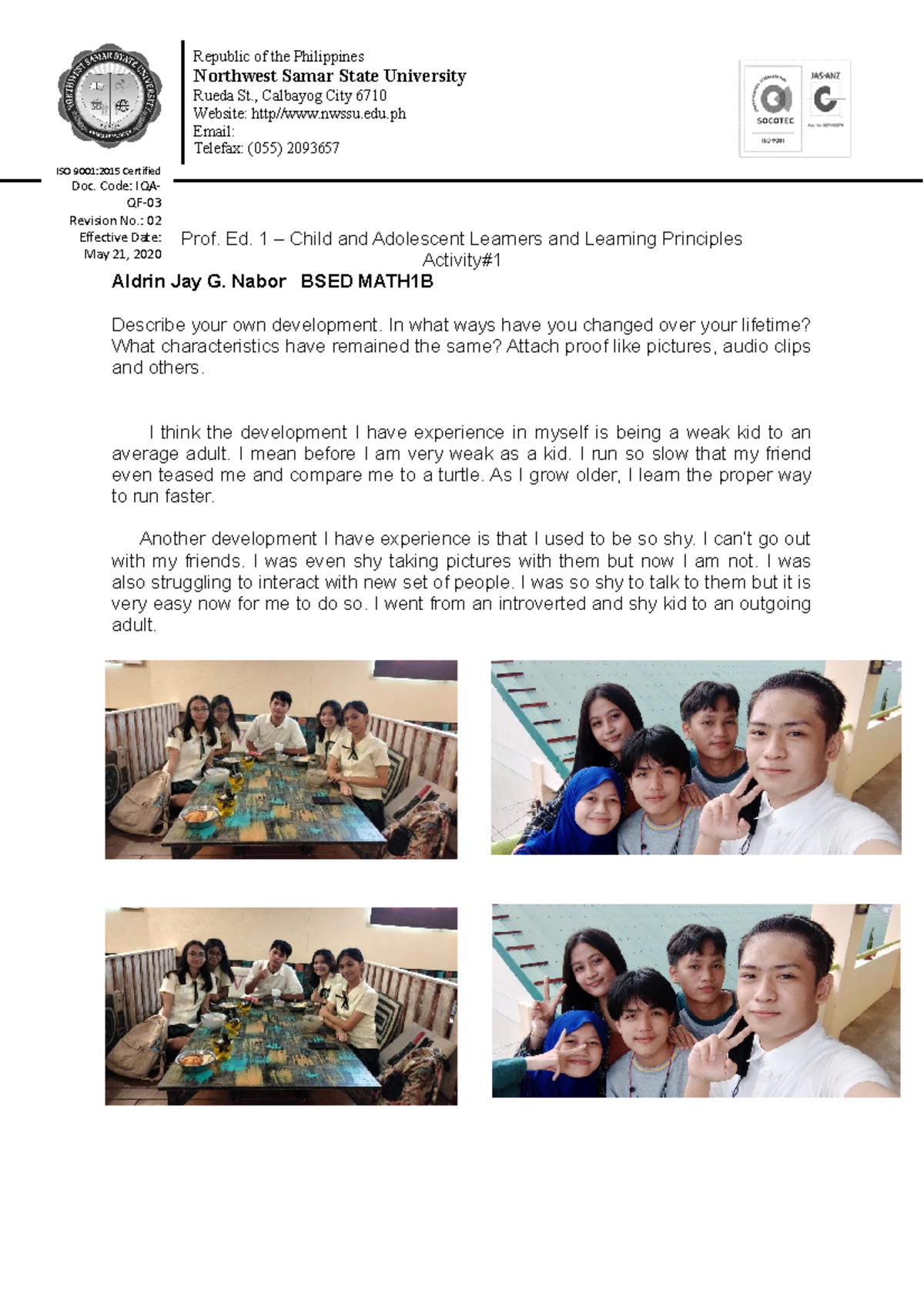 Activity 1 - ISO 9001:2015 Certified Doc. Code: IQA- QF- Revision No ...