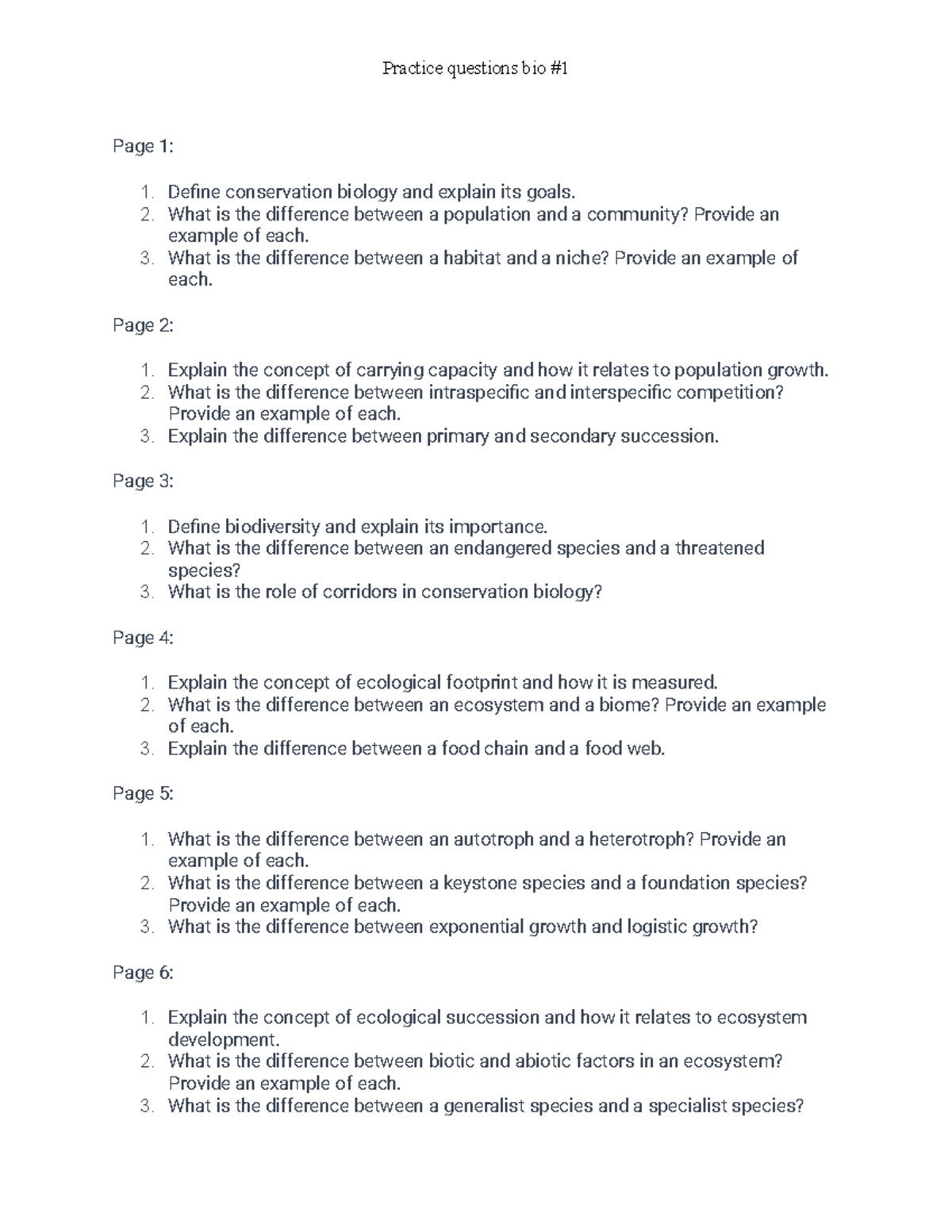 Practice questions bio exam #1 - Page 1: Define conservation biology ...