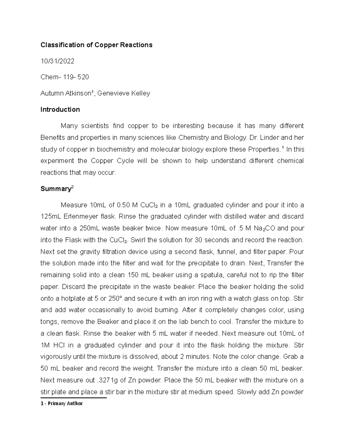 Classification of Copper Reactions Lab Report- A. Atkinson ...