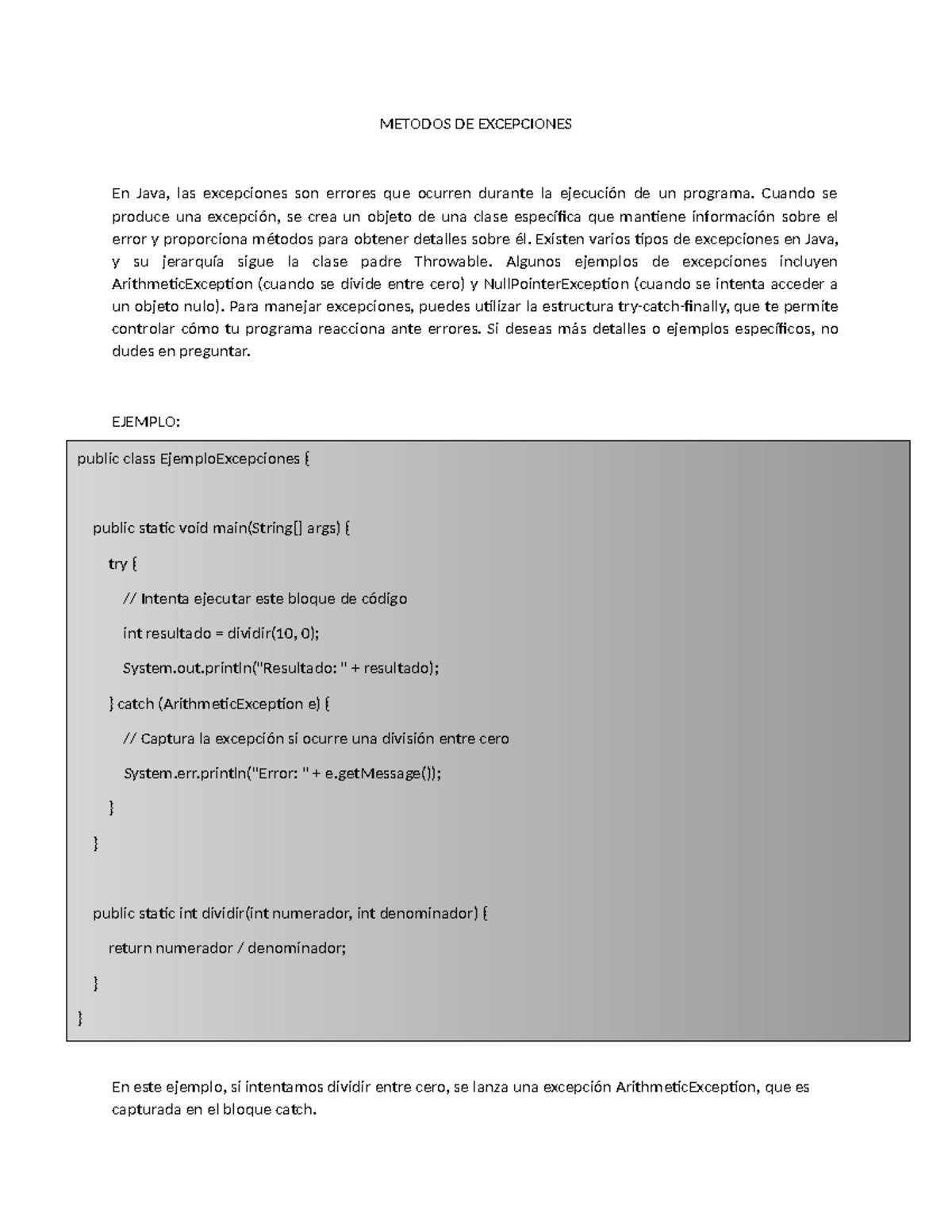 Metodos DE Excepciones - METODOS DE EXCEPCIONES En Java, las ...