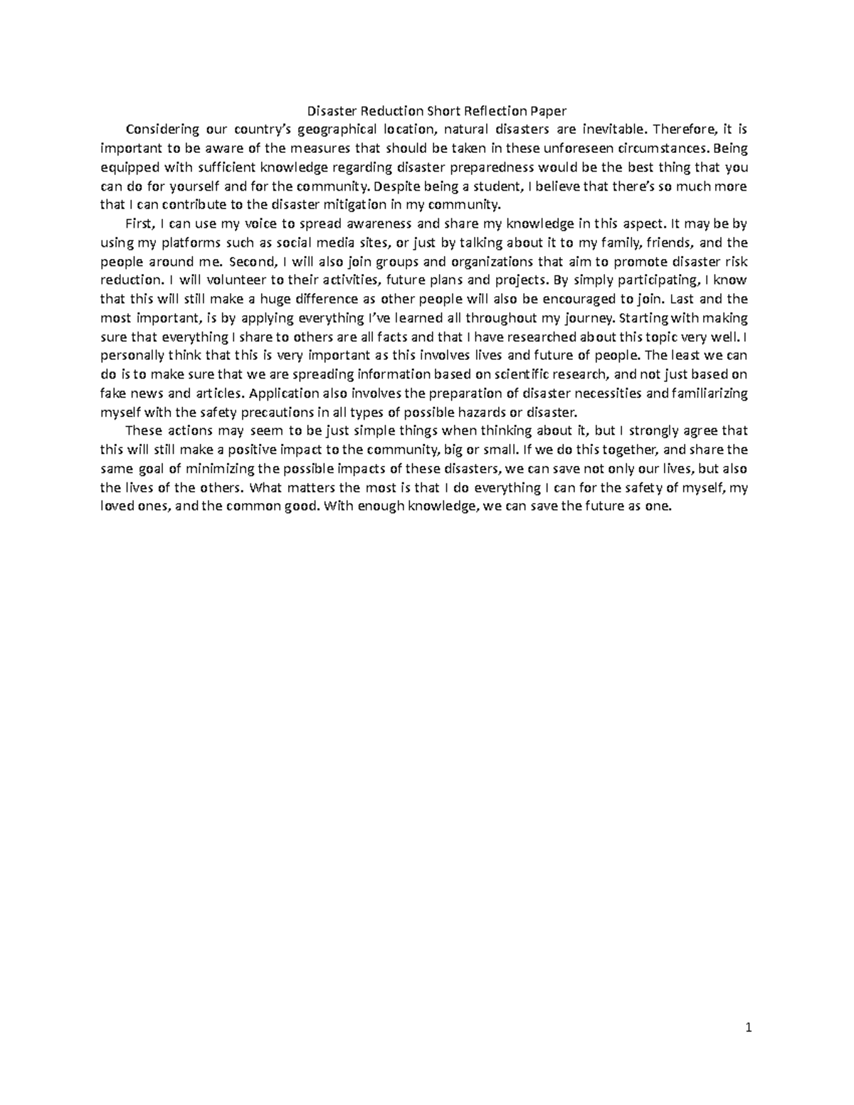Disaster Reduction Short Reflection Paper - Disaster Reduction Short ...
