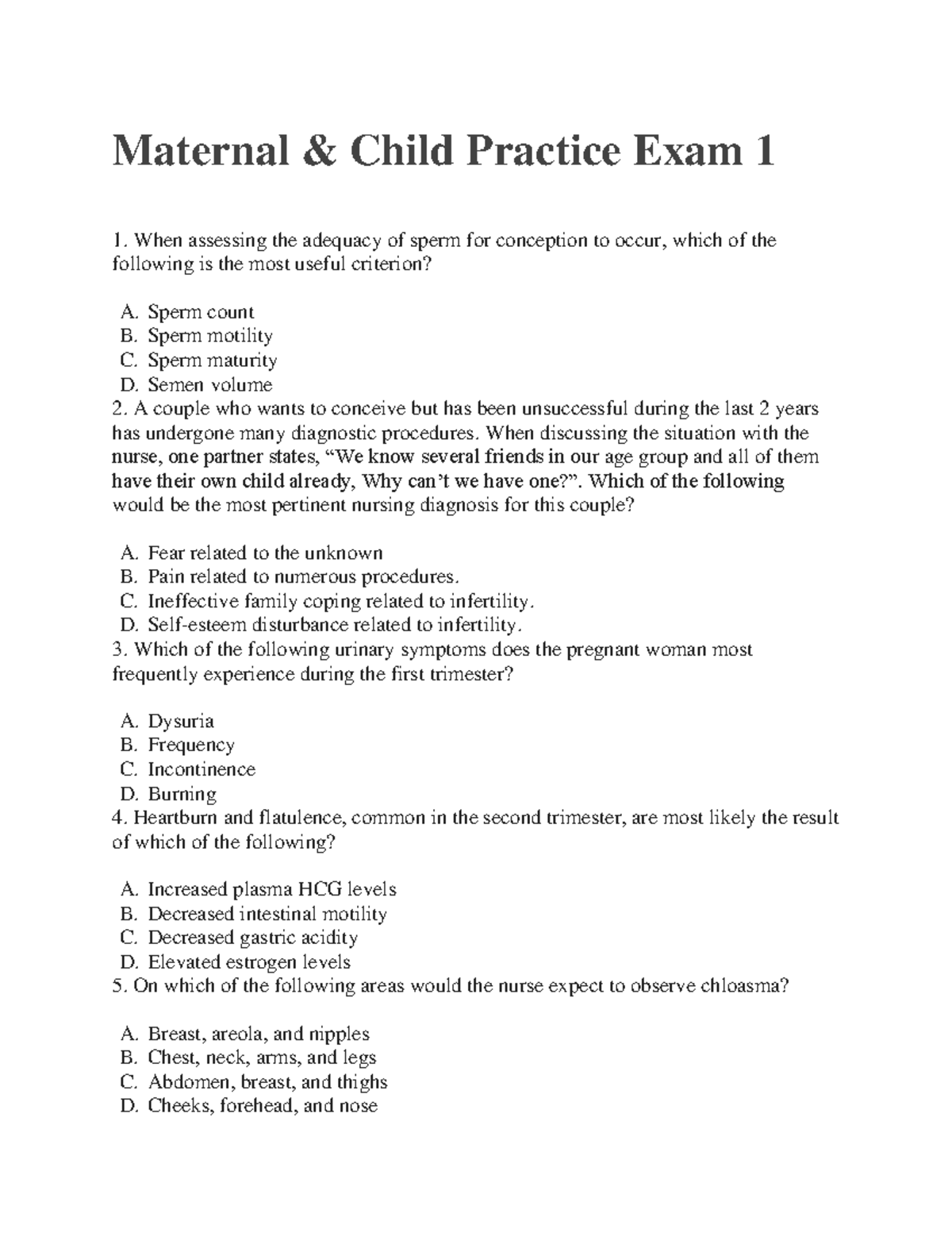 Maternal & Child Practice Exam 1 - Maternal & Child Practice Exam 1 ...