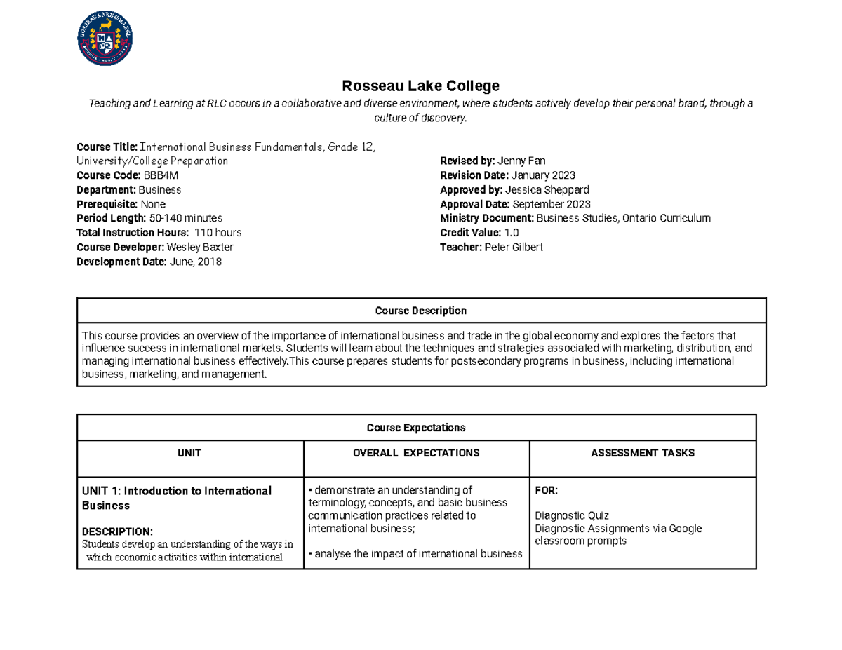BBB4M International Business Fundamentals Course Outline RLC - Rosseau ...