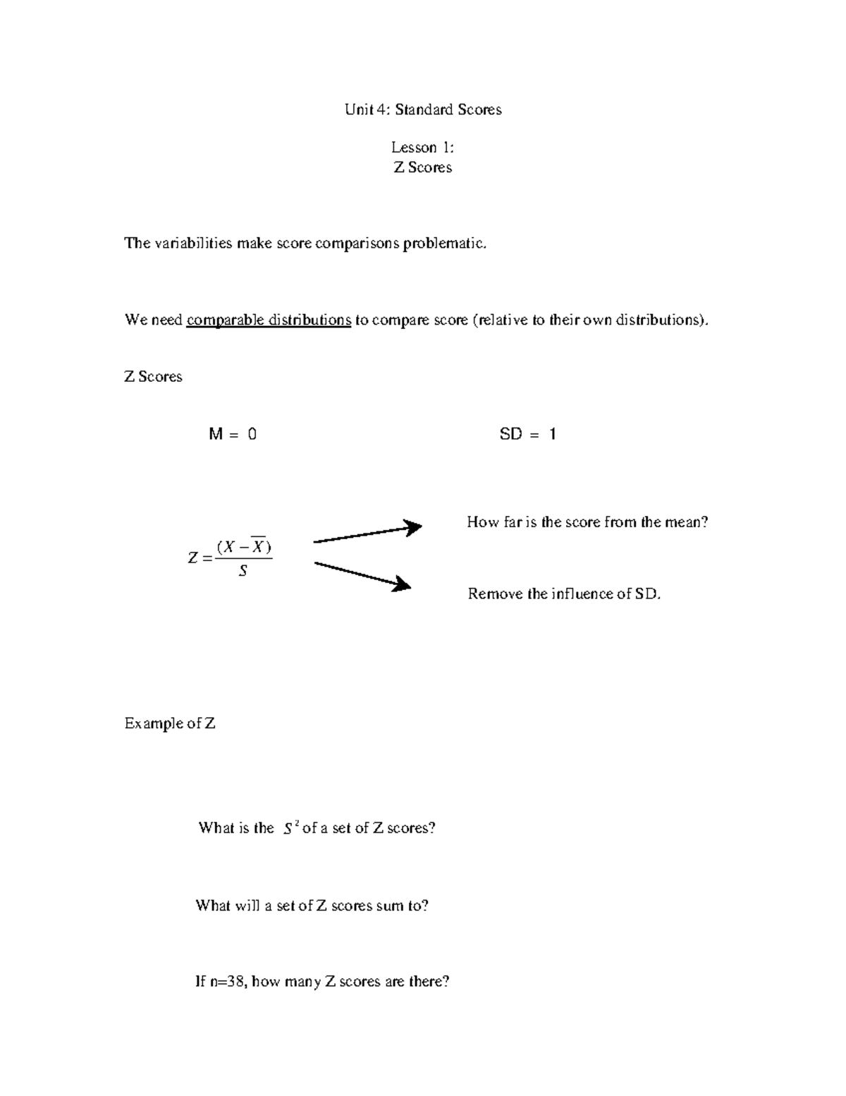 Unit 4 Outline for Notes - Unit 4: Standard Scores Lesson 1: Z Scores ...