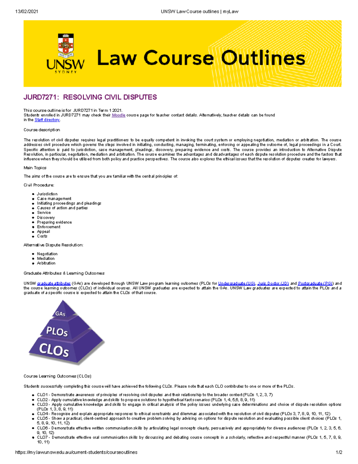 RCD course outline - 13/02/2021 UNSW Law Course outlines | myLaw - Studocu