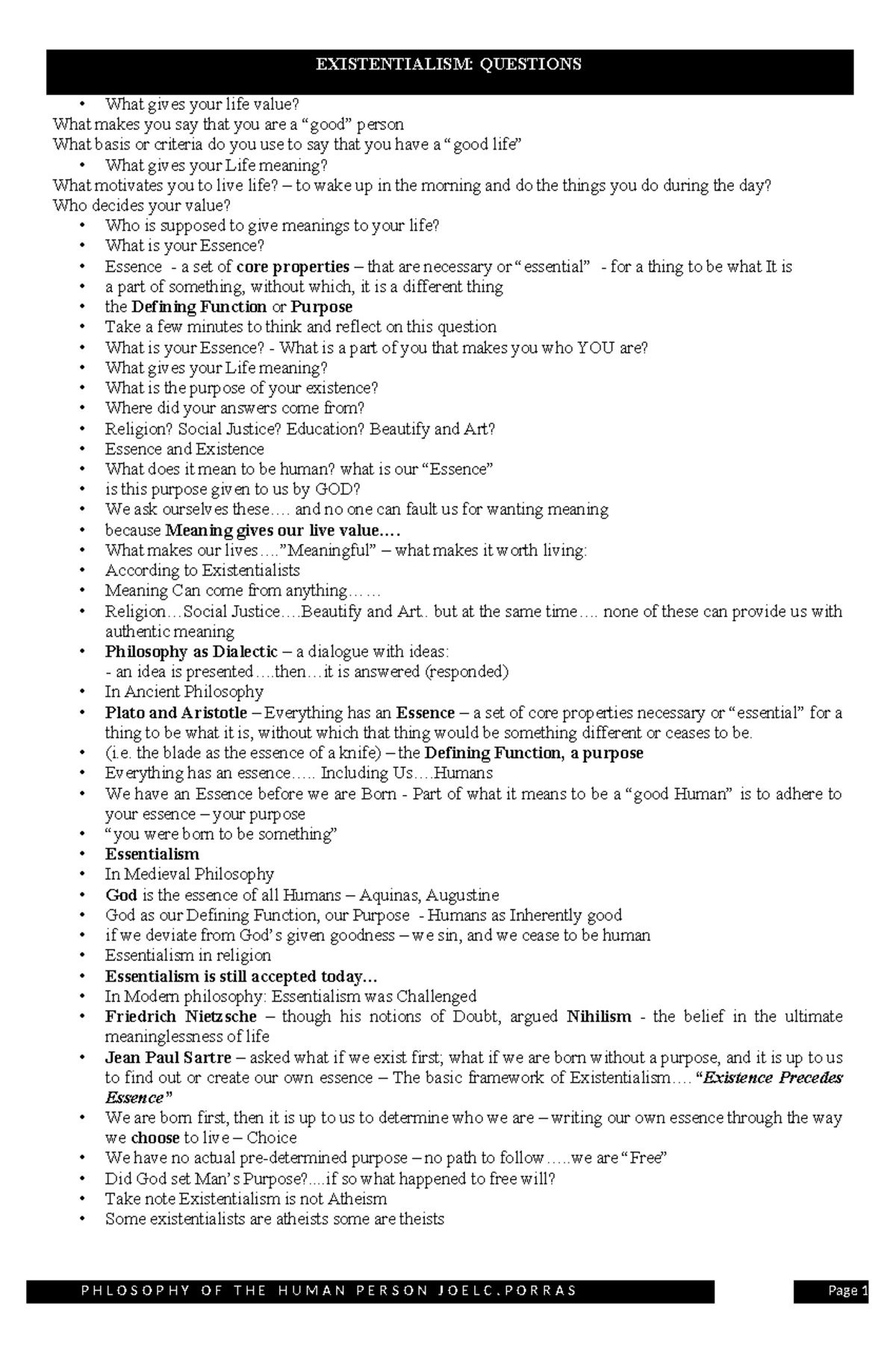 Existentialism- Question - P H L O S O P H Y O F T H E H U M A N P E R ...