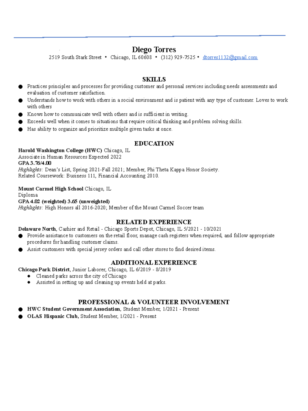 Updated resume HR intern - Diego Torres 2519 South Stark Street ...