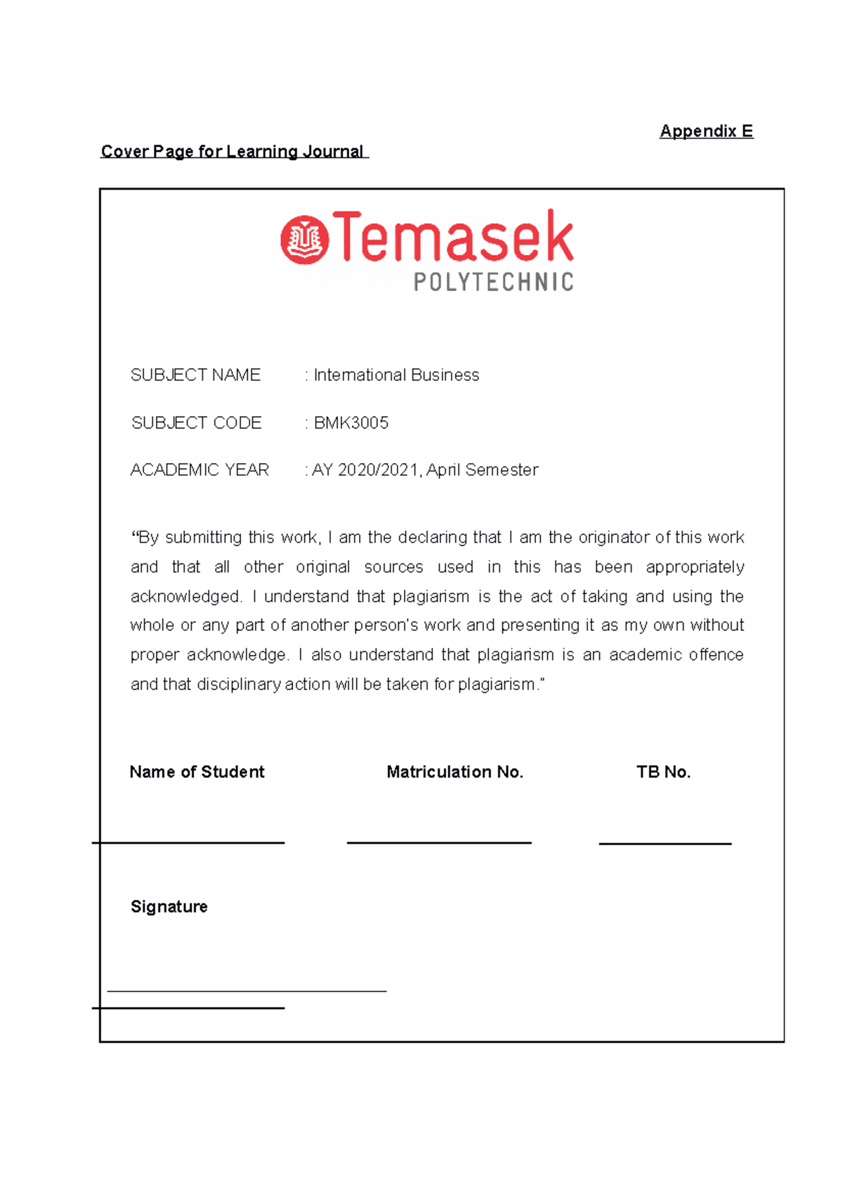 Appendix E Learning Journal Cover Page(1) - Appendix E Cover Page for ...