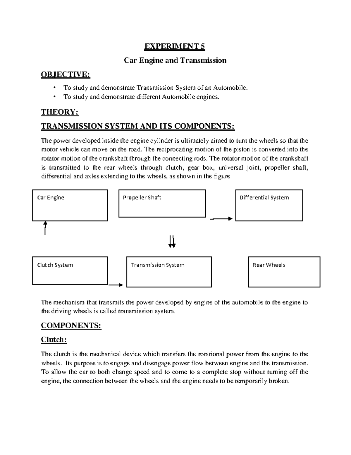 Car Engine and Transmission - EXPERIMENT 5 Car Engine and Transmission ...