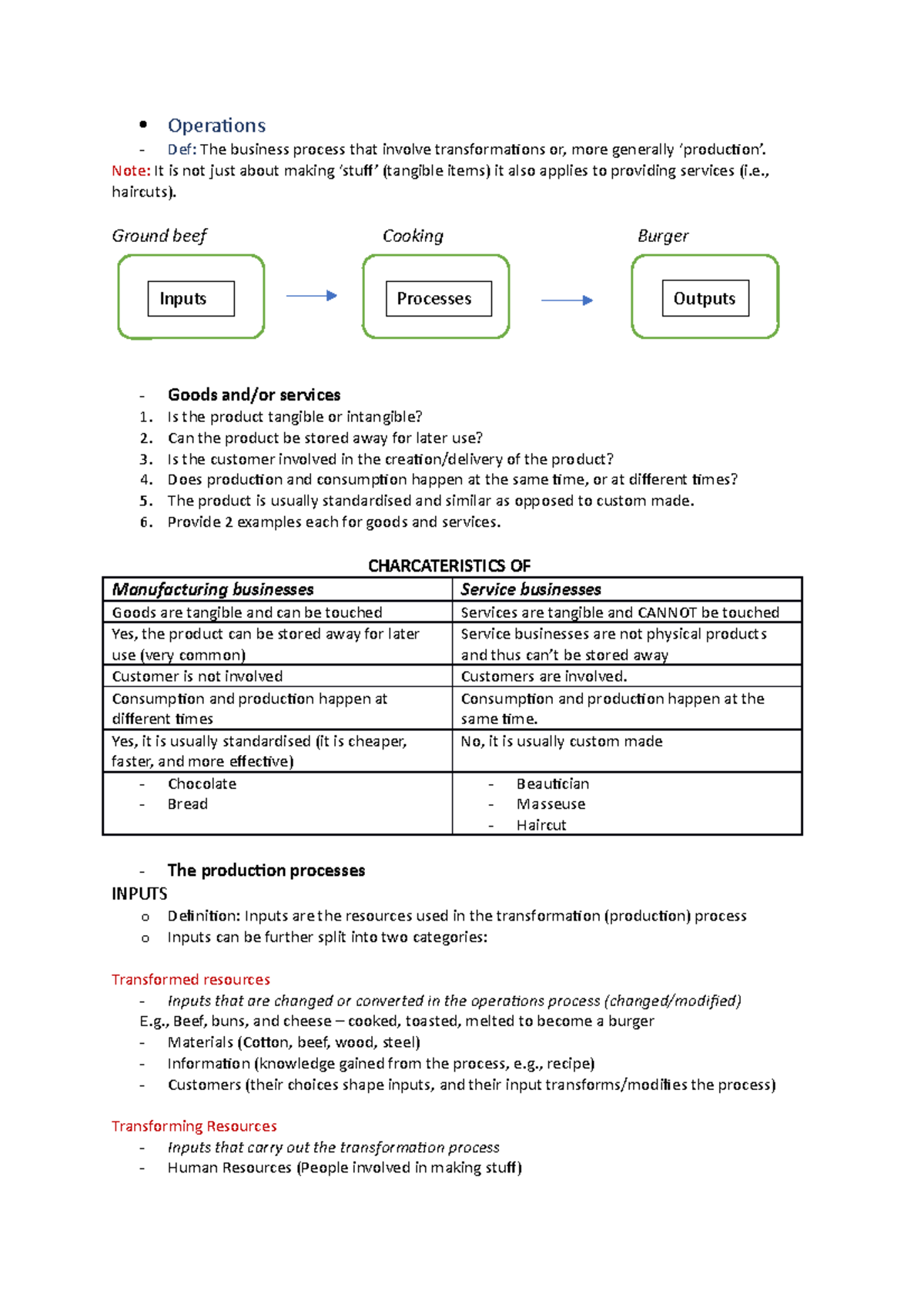 Business notes - Operations Def: The business process that involve ...