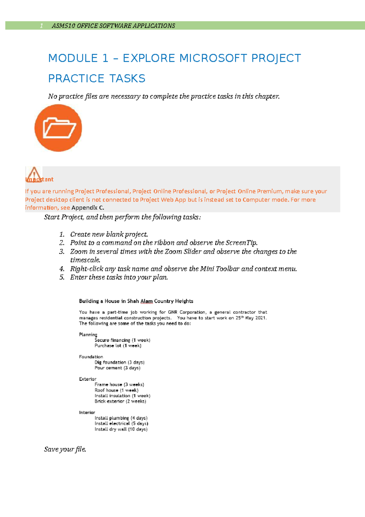 Practice Tasks - Module 1 - Important If you are running Project ...