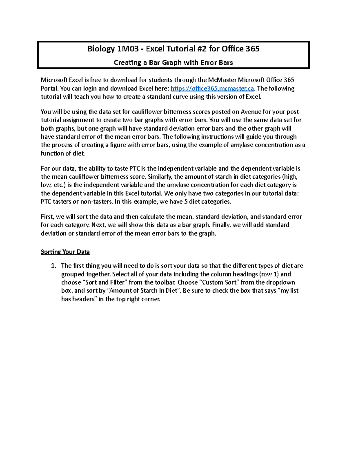 Biology 1M03 Excel Tutorial: Creating Bar Graph with Error Bars - Studocu