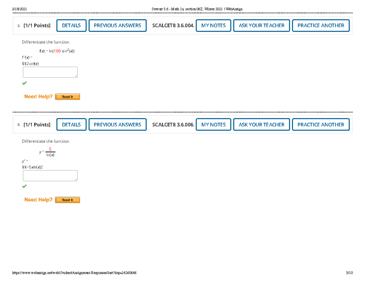 Stewart 3.6 - Math 1a, section 06Z, Winter 2021 Web Assign ...