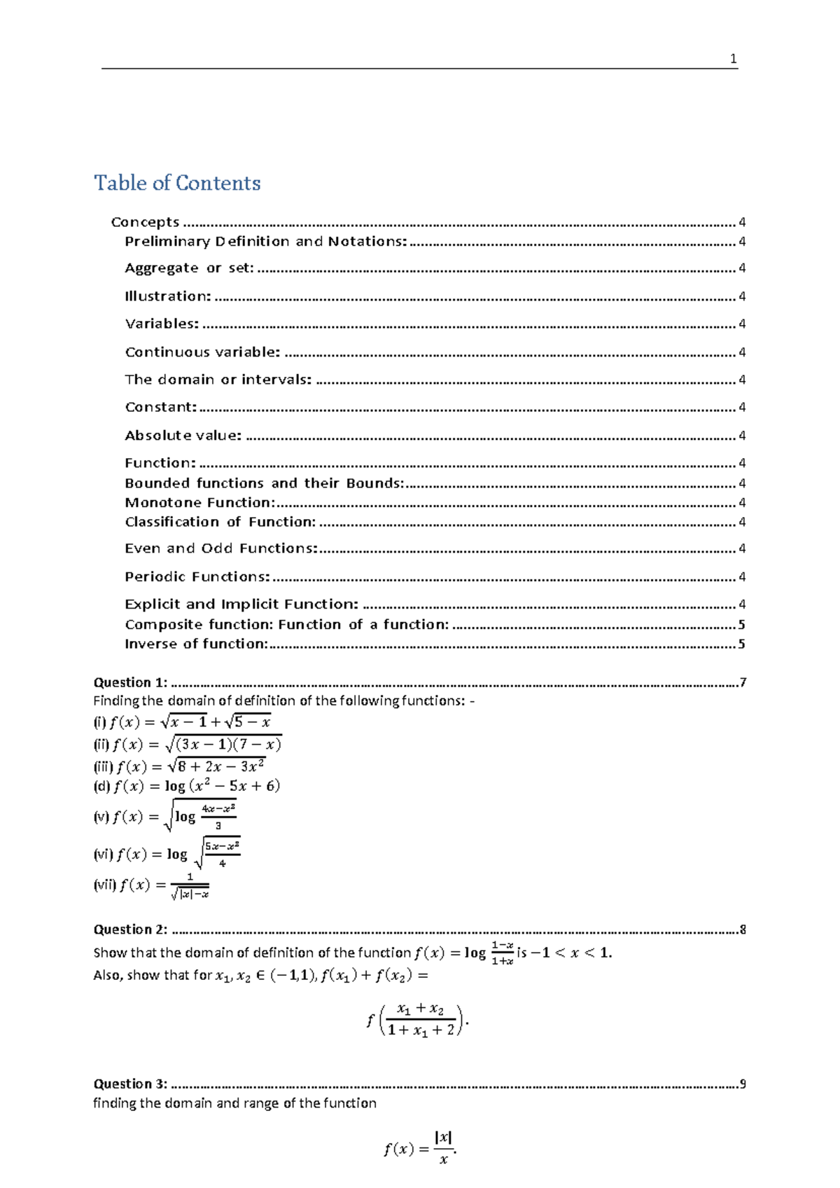 Assignment Math Final - Table of Contents Concepts - Studocu