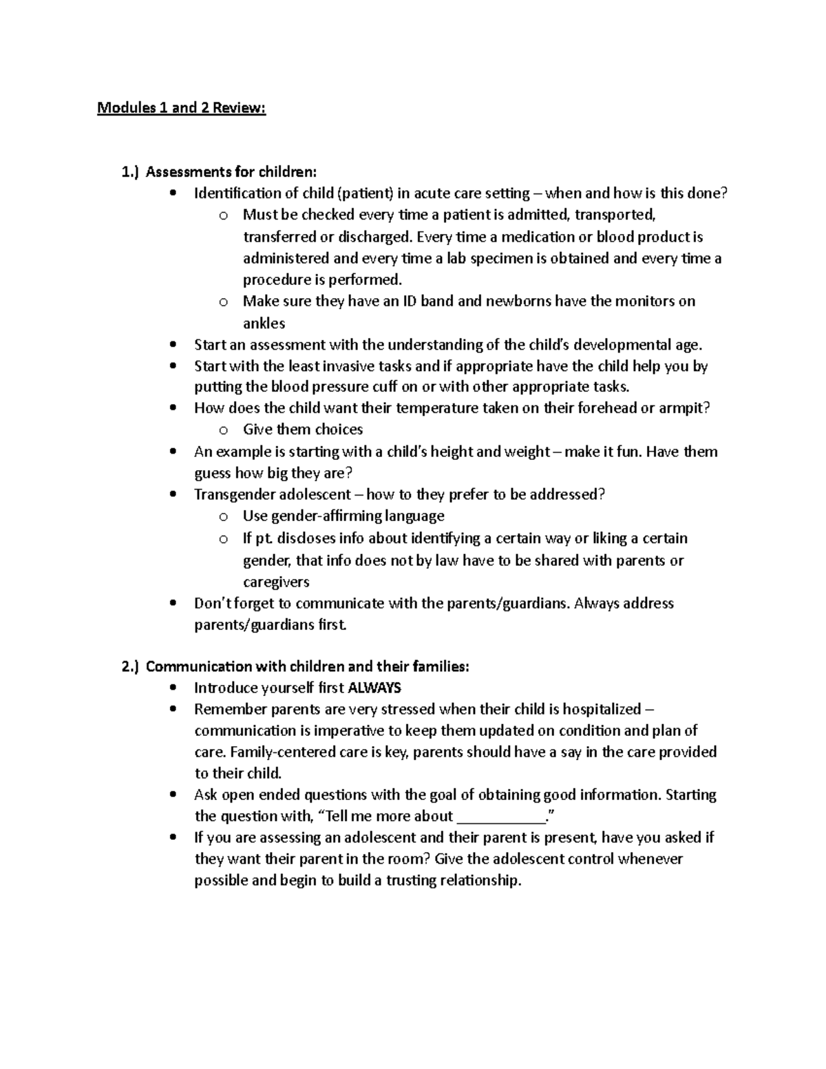 Peds Modules 1 and 2 Study Guide - Modules 1 and 2 Review: 1 ...