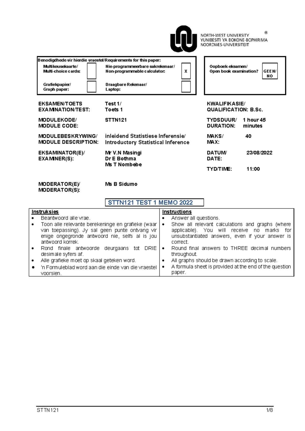 STTN121 Test 1 2022 MEMO - Benodigdhede vir hierdie vraestel ...