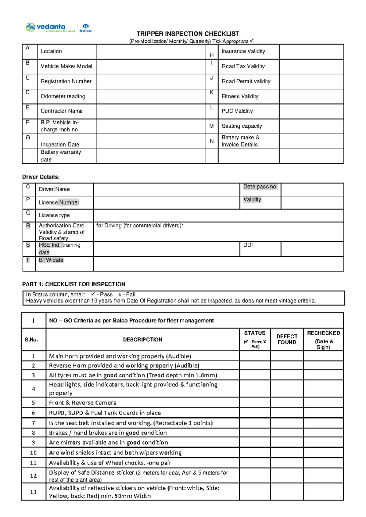 4.Tipper Checklist OK- TRIPPER INSPECTION CHECKLIST (Pre-Mobilization ...