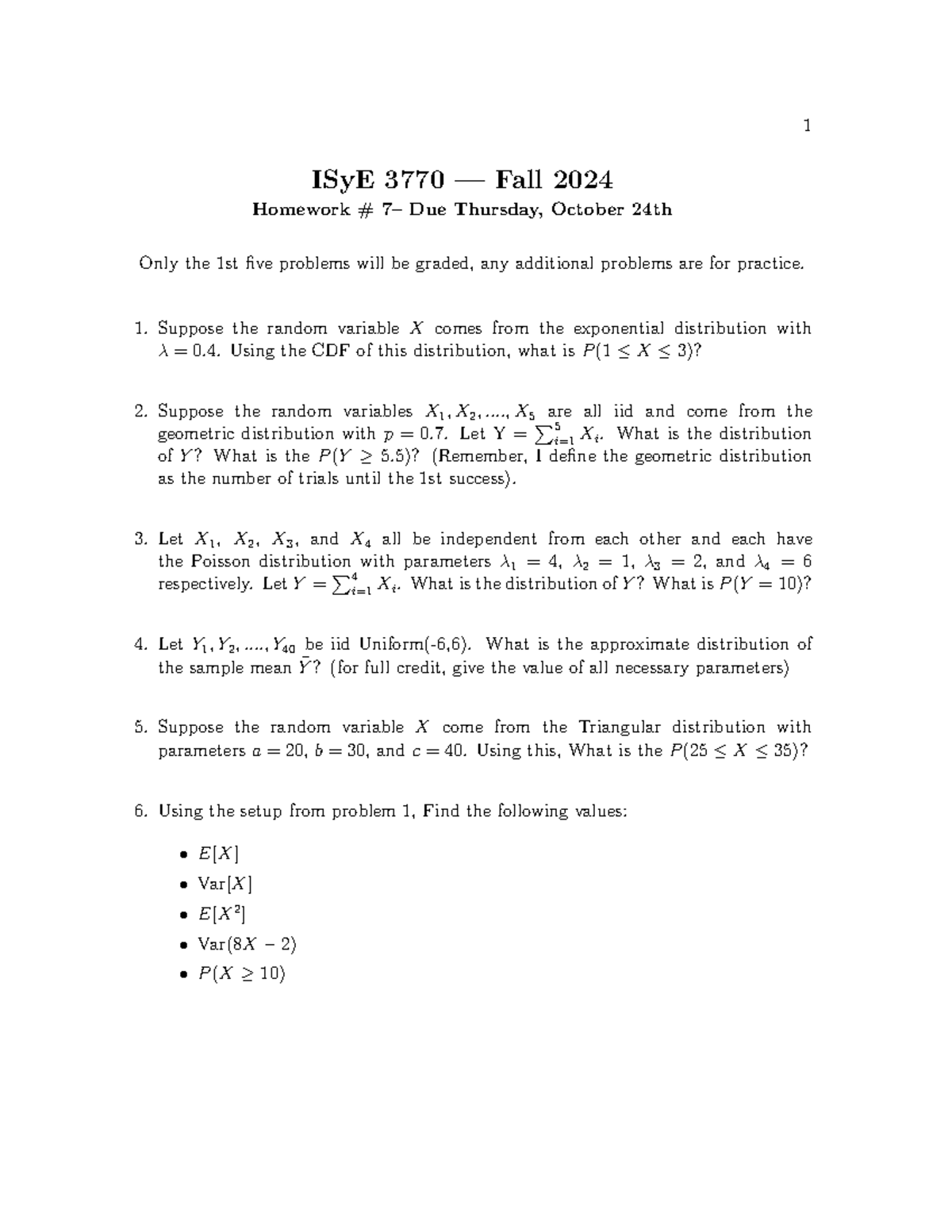 Hw07 3770 F24 - HW7 2024/2025 - 1 Homework # 7– Due Thursday, October 24th ISyE 3770 — Fall 2024 ...