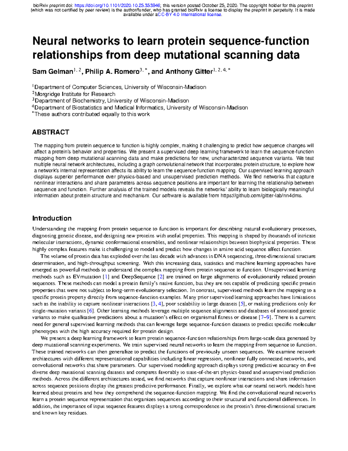 2020 Bio Rxiv Gelman Gitter Neural networks to learn protein sequence-function relationships ...