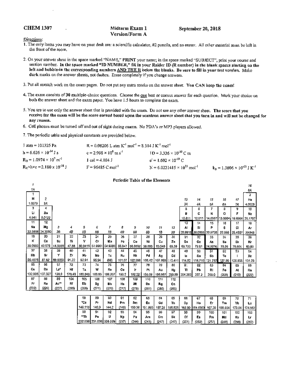 1307 exam 1 fall 2018 - practice problems with answer key - CHEM 1307 - Studocu