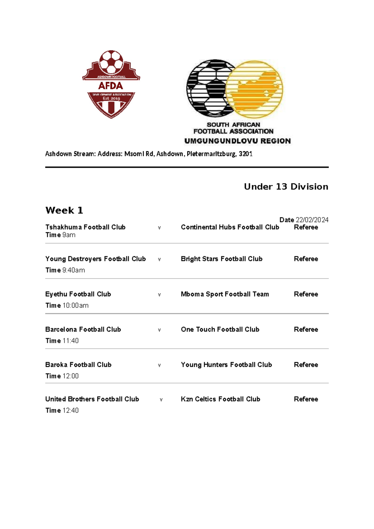 Ashdown League Fixture Week 1 - Under 13 Division Week 1 Date 22/02 ...