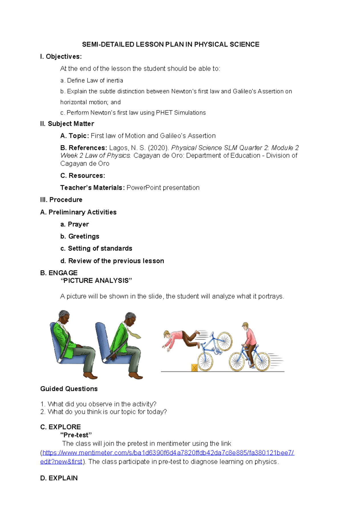 Newton first law lesson plan in physical science - SEMI-DETAILED LESSON ...