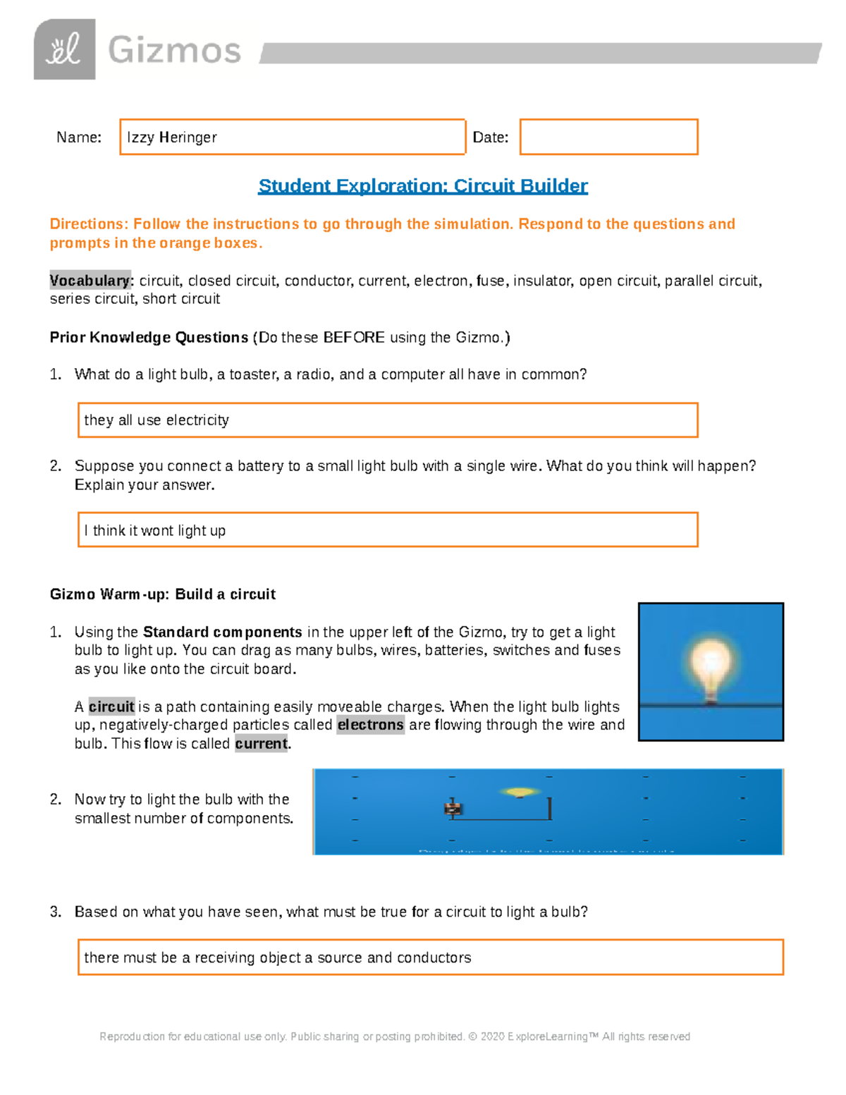 circuit builder gizmo - Name: Izzy Heringer Date: Student Exploration ...