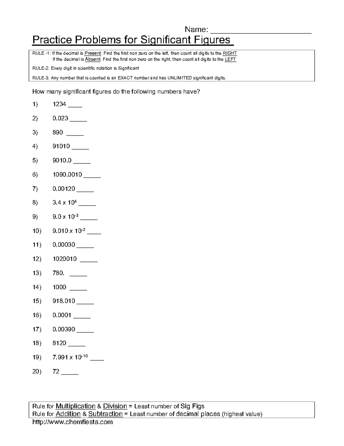 Practice problems for Sig Figs - chemfiesta Name ...