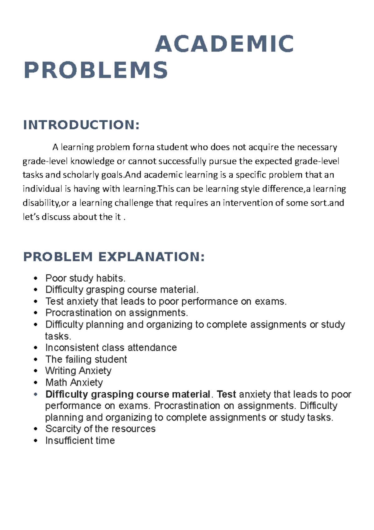 academic problems - ACADEMIC PROBLEMS INTRODUCTION: A learning problem ...