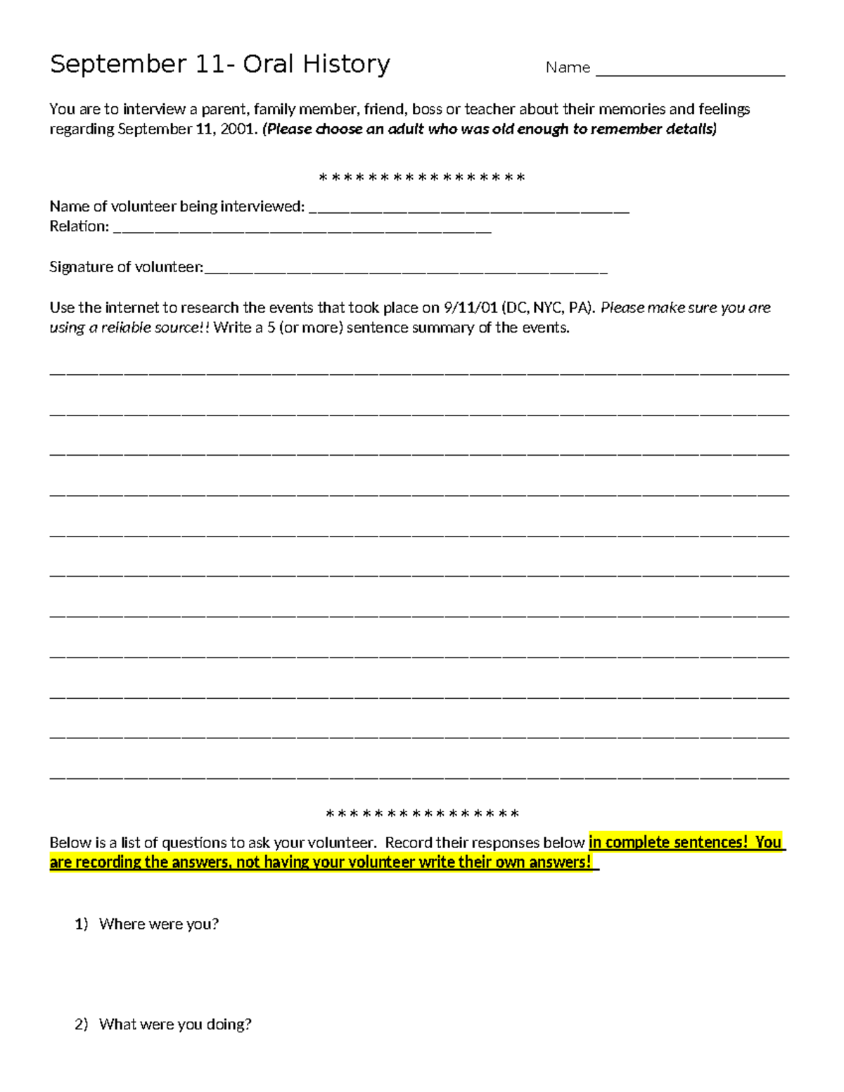 9 - Good assignment - September 11- Oral History Name ...