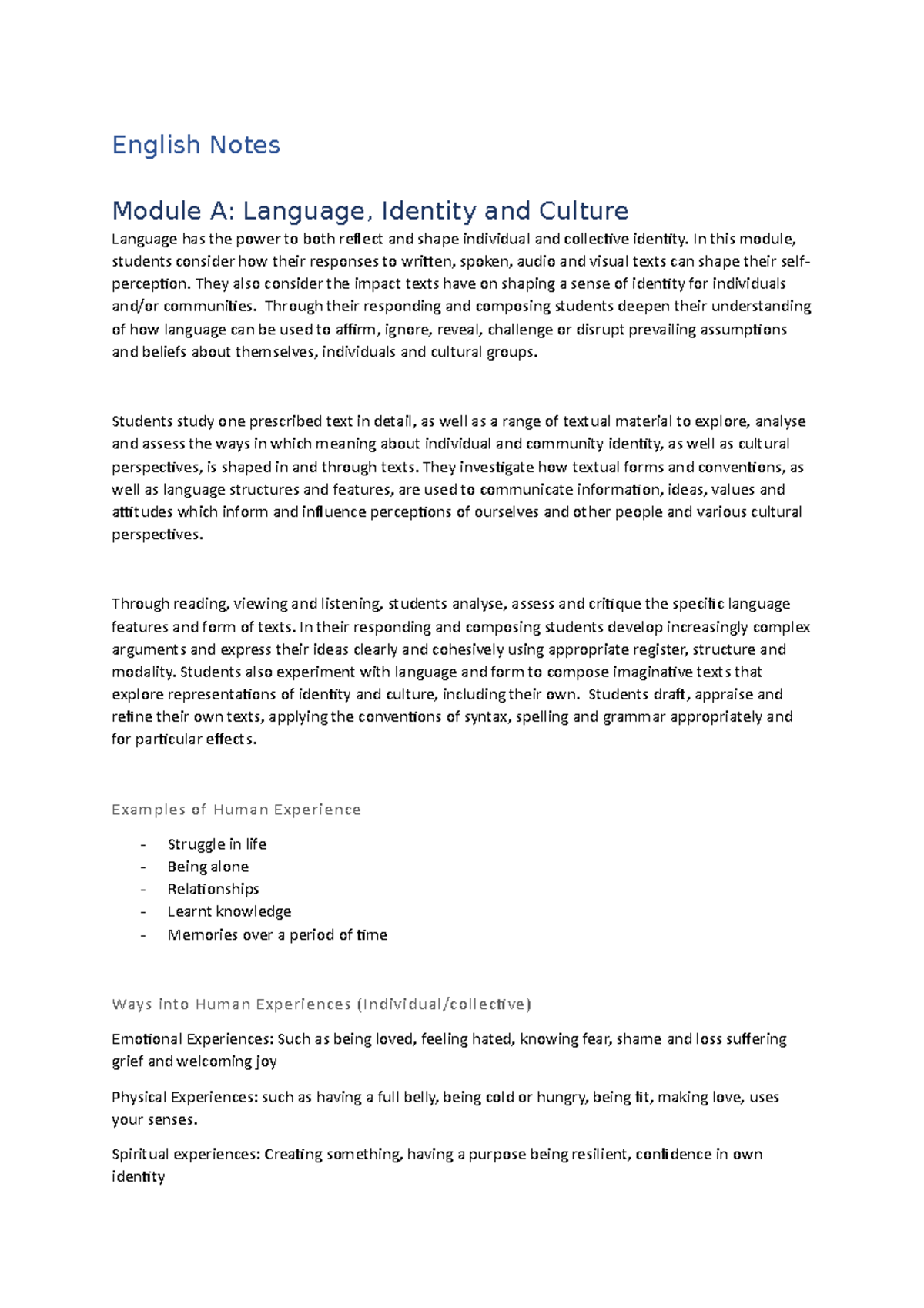 English - Lecture notes 1-10 - English Notes Module A: Language ...