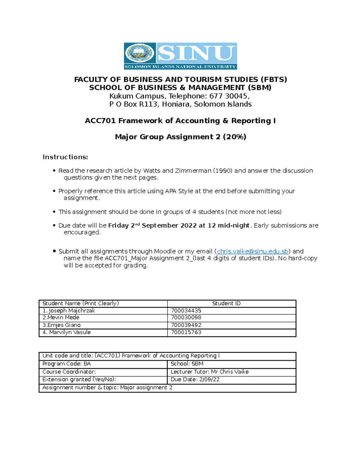 Acc701 Major Assignment 2 4435 0098 9492 5763 Faculty Of Business And
